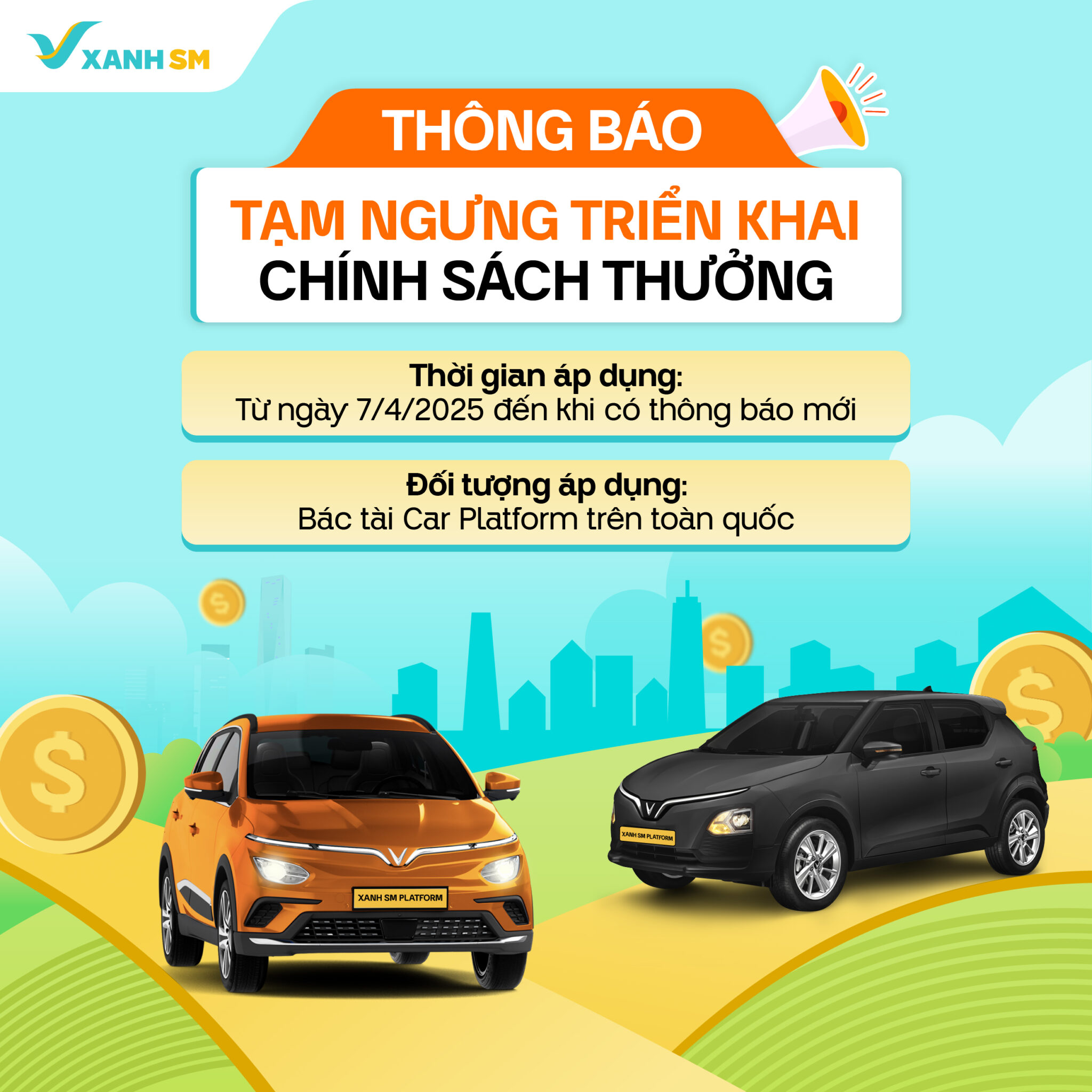 Thông báo: Kết thúc chính sách thưởng đối với Car Platform | Xanh SM
