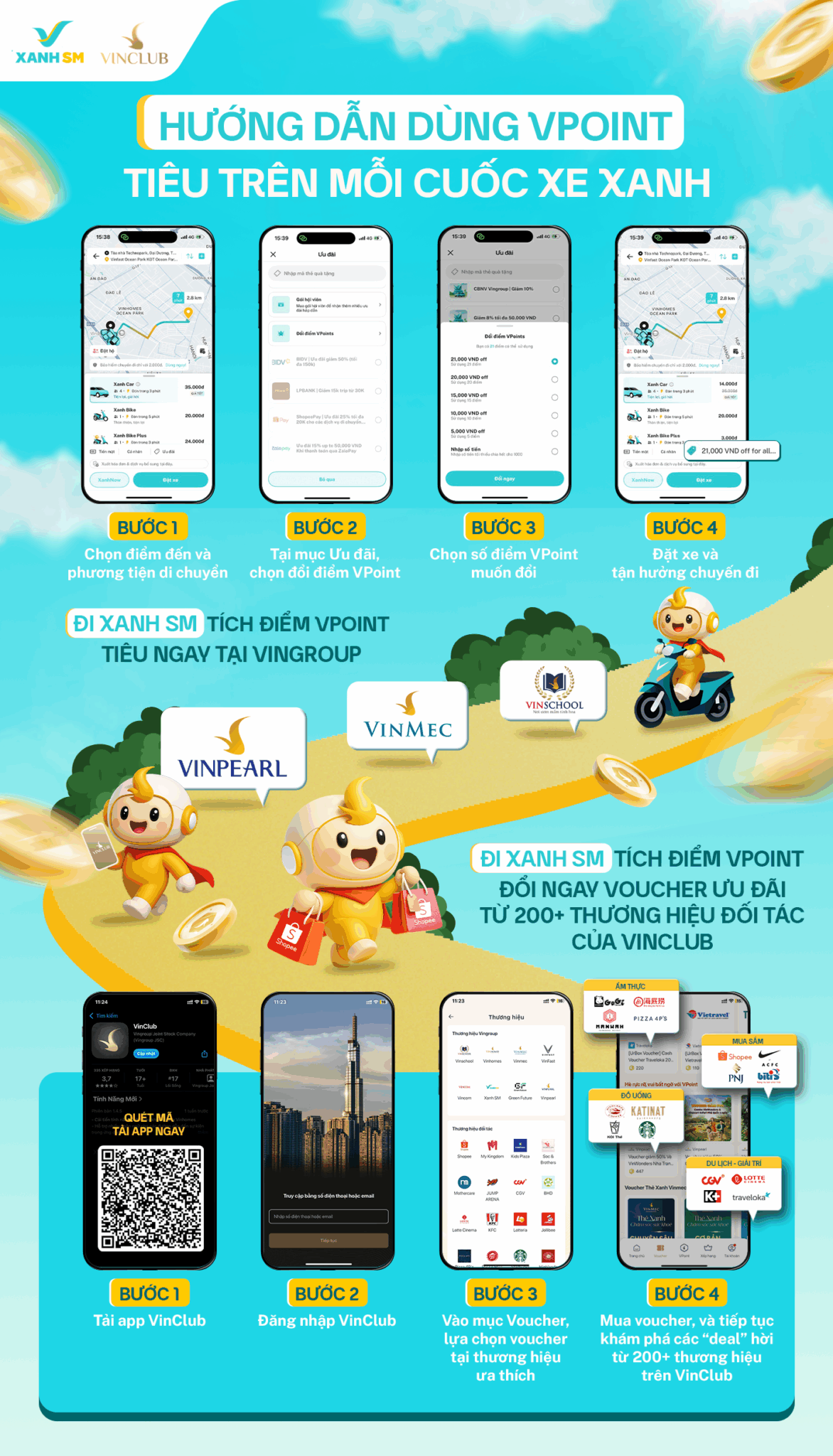 Đặt Xanh đi muôn lối - Tải app VinClub, tích VPoint tiêu muôn nơi | Xanh SM